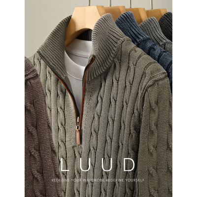 LUUD 绞花肌理感半拉链毛衣男100%纯棉渐染水磨老钱风重磅针织衫