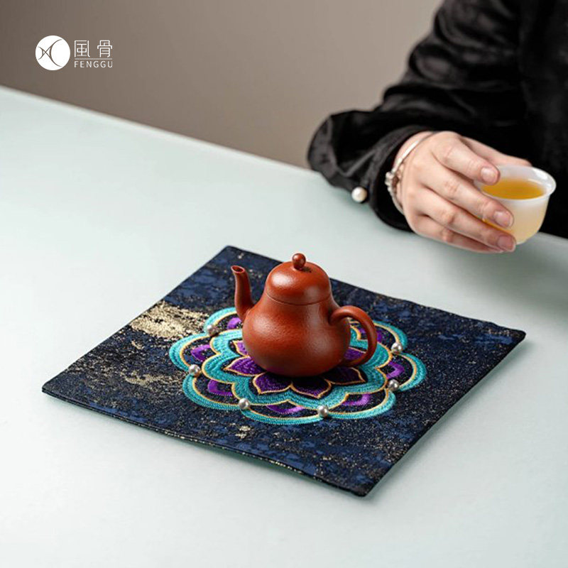 宝相繁花小茶席新中式国风禅意干泡茶垫 茶垫杯垫壶垫桌旗两色