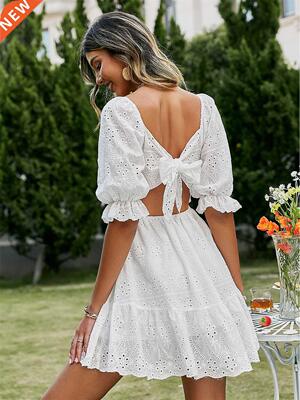 Smp Lace up hollow out knot summer whte dress women Hol