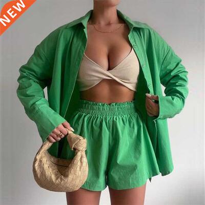 Women Tracksuits Shirt With Mini Shorts Cotton Two Pieces Se