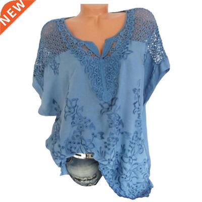 woman shirt 2020 V Neck Short Batwing Sleeve Blouse Floral E