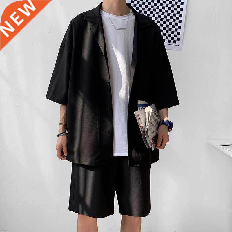 Korean Style Men's Set Suit Jacket and Shorts Solid Thin Sho