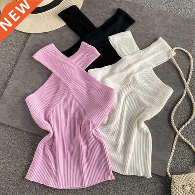 2021 Summer Sleeveless Tshirts Women Crossed V-Neck Slim Tan