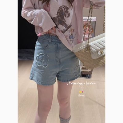 Spring韩国童装2026夏季新款亲子毛边花朵简约韩系短裤女童五分裤