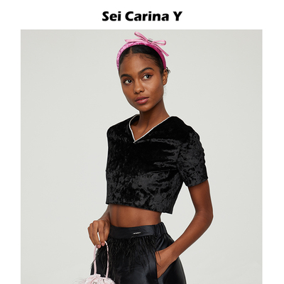 SeiCarina Y丝绒钻链V领高腰短袖T恤女短款纯色上衣小众甜美