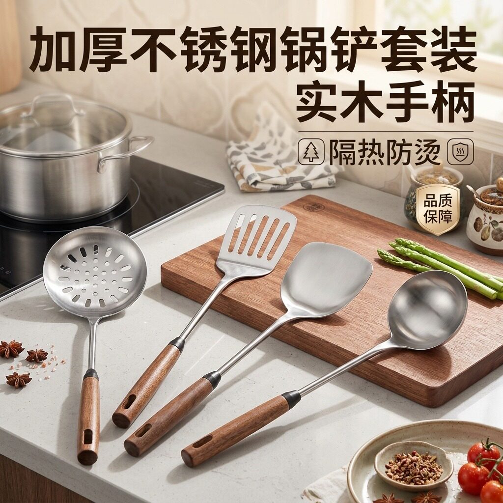 加厚 304不锈钢锅铲套装家用防烫木柄汤勺大漏勺煎铲厨房烹饪工具