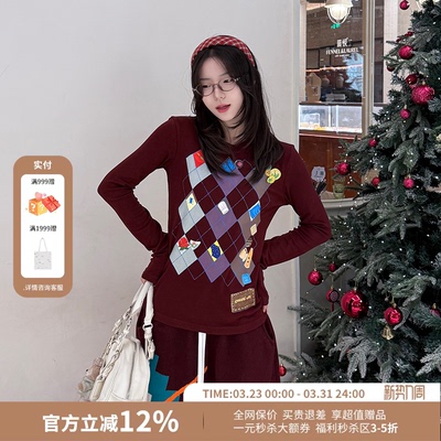 CHEERi UPi休闲多彩菱形格长袖T恤打底衫女26春夏新款