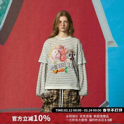 CHEERi UPi休闲宽松三个好马友条纹假两件长袖T恤女26春夏新款