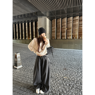 Here yaya shop 10.31 首尔老钱高克重随意休闲感翻边设计羊毛裤