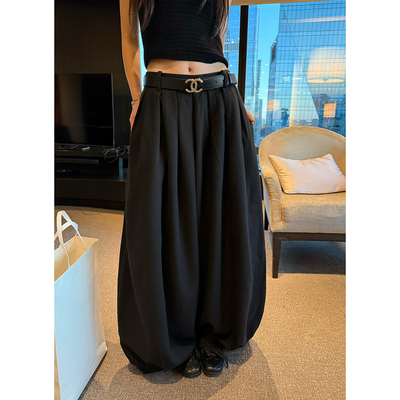 Here yaya shop 老钱轻松裤ji简时髦调调松弛ju废料收口羊毛裙裤