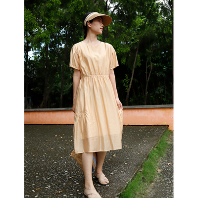 夏季短袖连衣裙女文艺系带中长裙