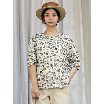 夏季印花苎麻立领衬衫女宽松上衣