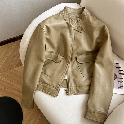 小C家 卡其色复古pu皮圆领机车服女2026春季短款潮流时尚夹克外套