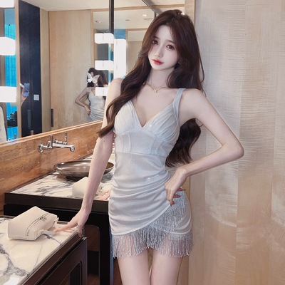 密文下单 性感低胸吊带流苏拼接打底包臀连衣裙