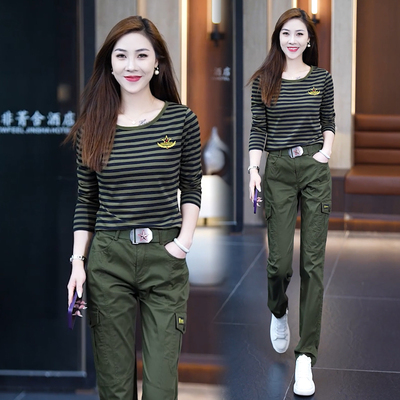 条纹长袖体恤迷彩服运动套装女