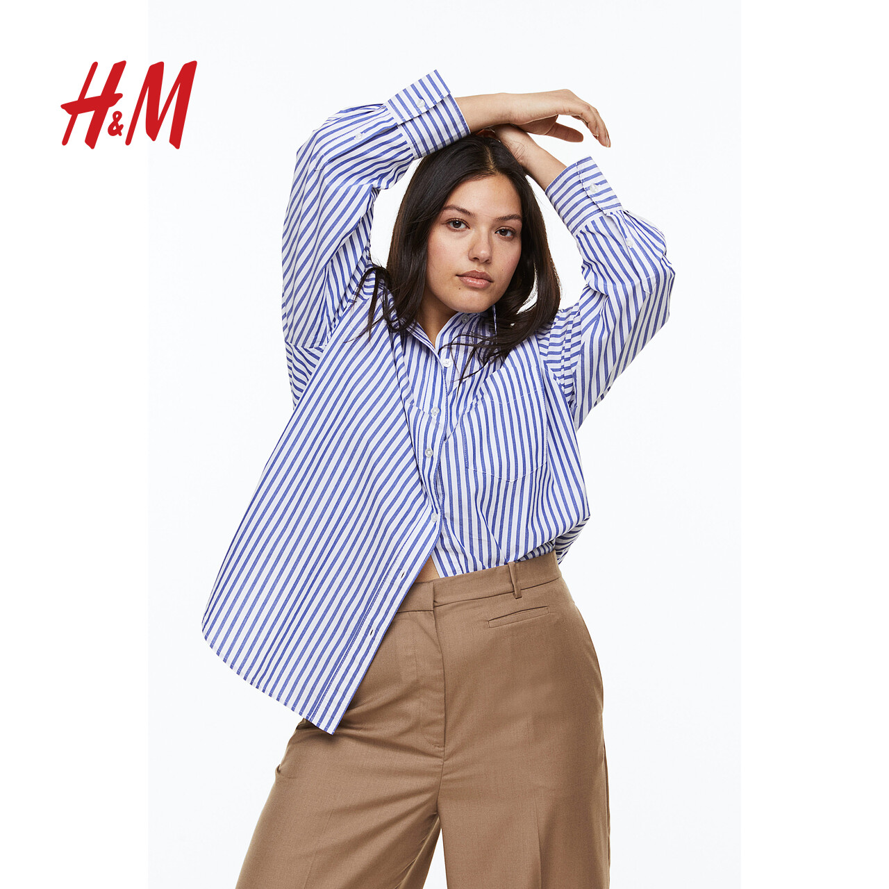 HM女装衬衫夏装女2023年新款休闲舒适条纹棉府绸翻领上衣1126542_虎窝淘