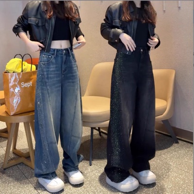 3129#2026新款满天星烫钻阔腿牛仔裤大码微胖显瘦长裤子