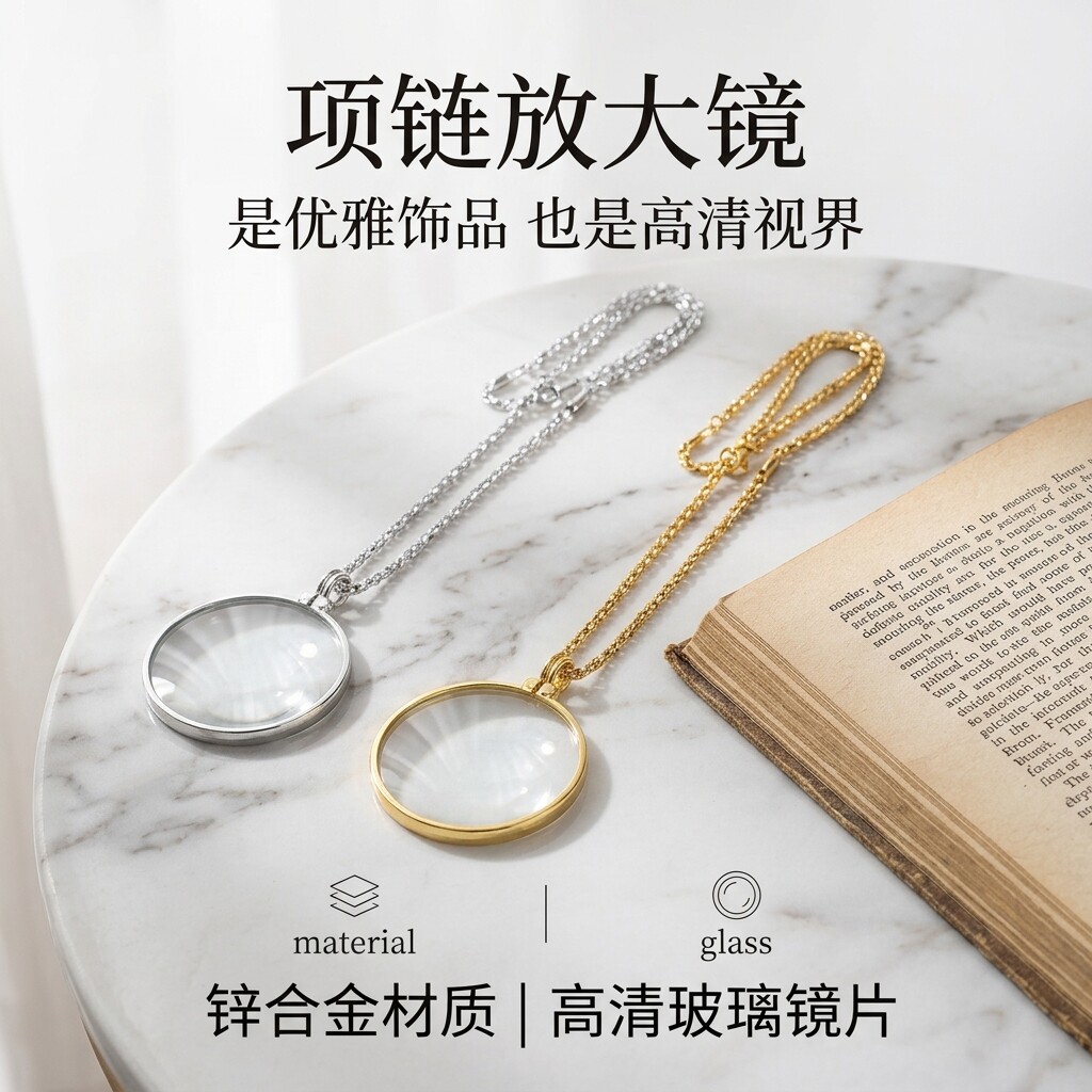 锌合金项链五倍儿童老人阅读看报看书挂式创意礼品放大镜