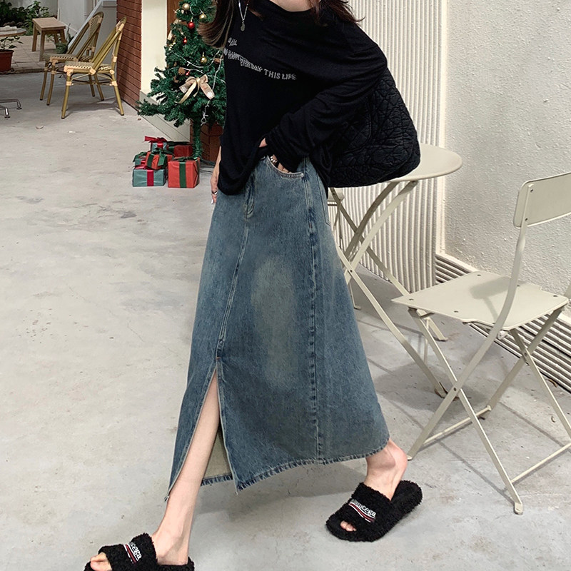 复古蓝开叉牛仔半身裙女春季高腰显瘦大码胖mm中长款遮胯a字裙子