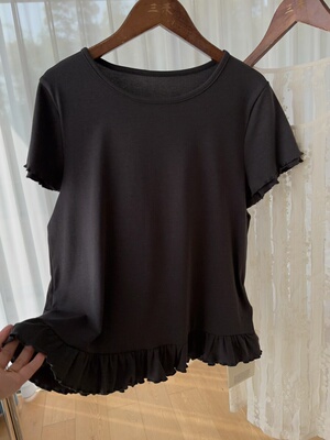 26060韩系早春新款木耳花边纯色短袖T恤女修身显瘦百搭上衣