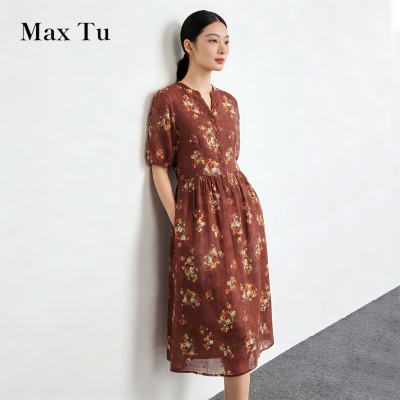 MaxTu春夏水洗苎麻显瘦连衣裙