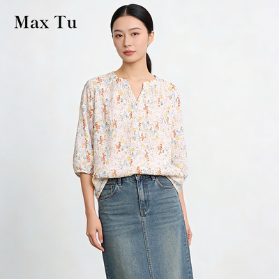MaxTu夏全棉印花七分袖宽松衬衫
