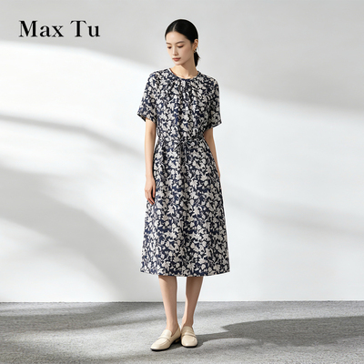 Max Tu女装2026休闲藏蓝白印花全棉连衣裙夏短袖显瘦A字中长裙