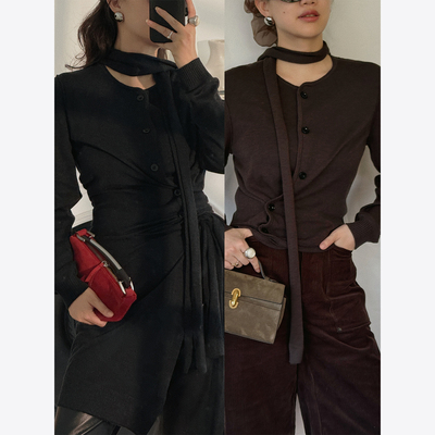 TOP家法式 多种穿法 羊毛开衫带围巾斜纽扣针织毛衣+系带披肩围巾