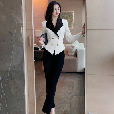 有里布气质极简百搭拼接2026秋季新款名媛外套+长裤两件套D3837