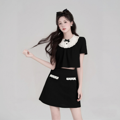 两件套学院风蕾丝短袖上衣包臀裙小香风套装女富家千金感D0724