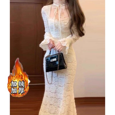 加绒加厚名媛蕾丝假两件裙子2026秋冬季新款气质宴会连衣裙D4137