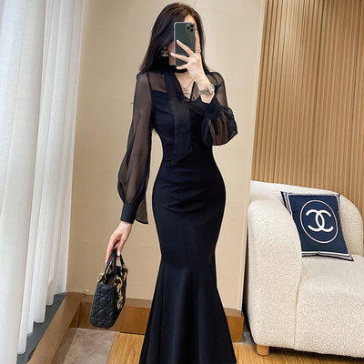 法式高级感黑色气质连衣裙2026春季新款宴会礼服长款鱼尾裙1921