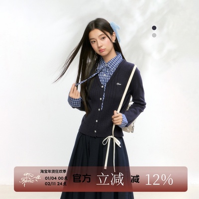 撞色格子假两件v领针织衫