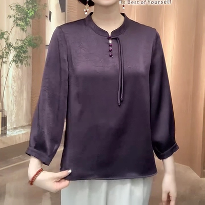 休闲百搭净版四扣流苏醋酸缎小衫女新款宽松遮肉时尚中老年女装