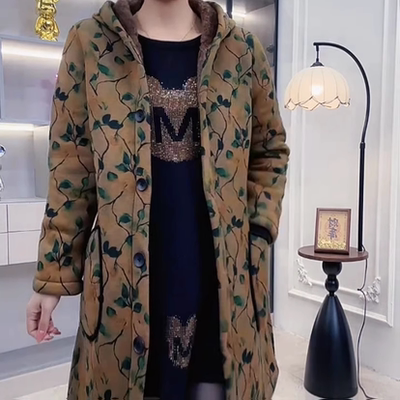 树叶印花中长款加绒加厚外套防寒保暖妈妈外套休闲百搭中老年女装