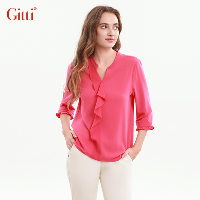 剪刀领荷叶边七分袖T恤女甜美