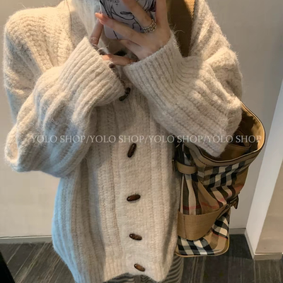 YOLO S氛围感杂色粗花牛角扣针织开衫女秋季慵懒百搭毛衣外套