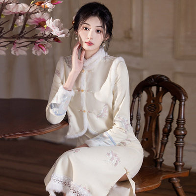 冬款加厚长款改良长袖旗袍马甲两件套装2026新款女复古拜年服冬季