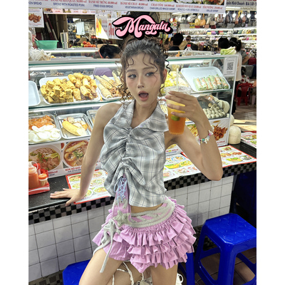 辣妹性感领带格子衬衫背心上衣