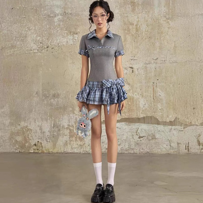 baabeeboo格纹拼接蝴蝶结连衣裙