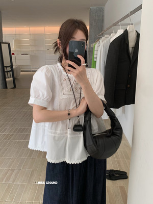 IMISS韩标！夏新款休闲白色上衣女花边拼接小衫R31007