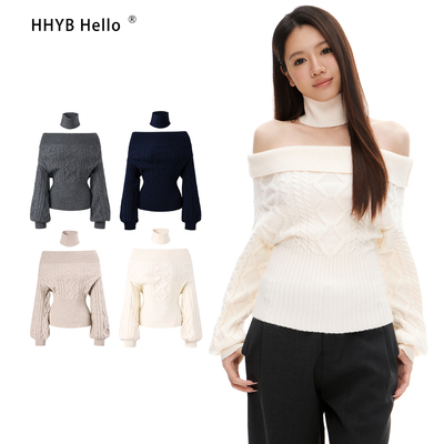 HHYB别来无恙 韩系轻奢感纱线厚织Z字纹路驼色一字肩毛衣女M1397