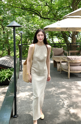 FLOATING荃亚麻新中式无袖连衣裙