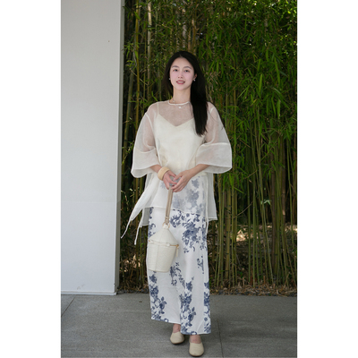Floating 高定 新中式桑蚕丝羊毛提花清冷感气质清雅开叉半身裙