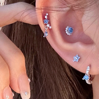 蓝色锆石耳骨钉叠戴医用钛钢平底螺丝养耳洞耳钉高级感耳扣耳环女