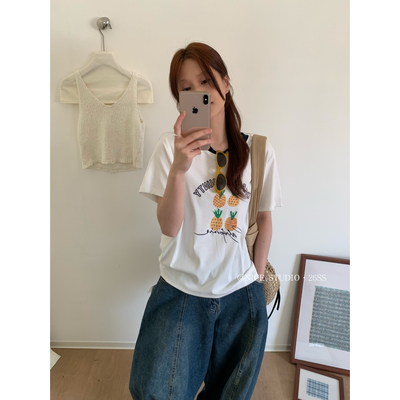 奶思家NICE STUDIO-休闲撞色领菠萝印花短袖T恤L8822-8