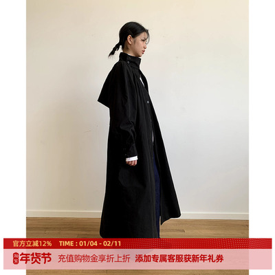 DOSORDONTS 黑色暗门襟褶皱高立领干练复古风衣外套2025年秋冬女
