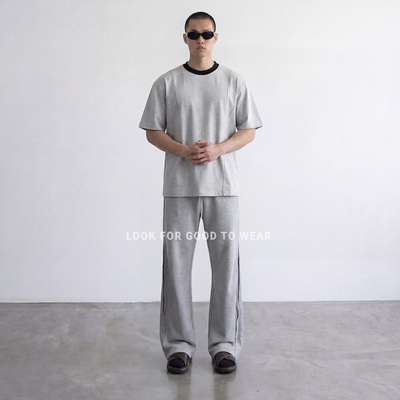 撞色线条装饰tee春夏新款T恤男