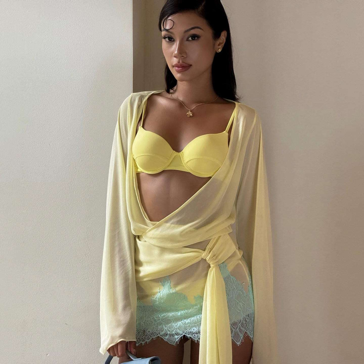 怪诞女孩 欧美性感度假风蕾丝拼接比基尼泳衣外搭罩衫连衣裙套装