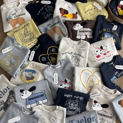 韩代@eru*e 【可爱猫猫狗狗~】重工刺绣印花奥粒绒加绒圆领卫衣